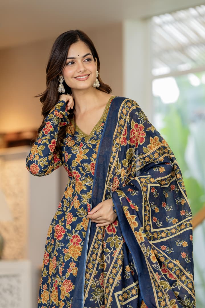 NAVY BLUE FLORAL KALIDAR SUIT SET – Auranic.co